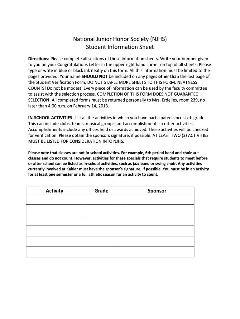 Fillable Online NJHS bApplicationb 2014 - Kahler Middle School Fax ...