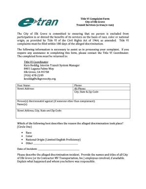 Fillable Online e-tran Title VI Complaint Form City of Elk Grove ...