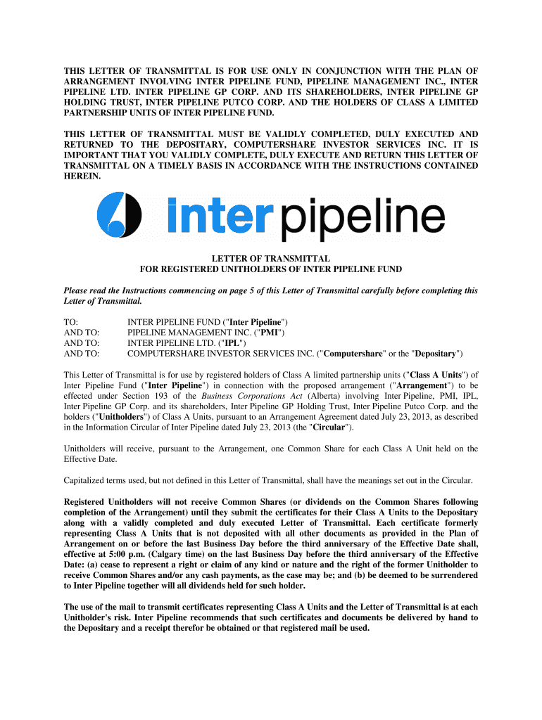 Fillable Online THIS LETTER OF TRANSMITTAL IS FOR USE ONLY ... - Inter ...