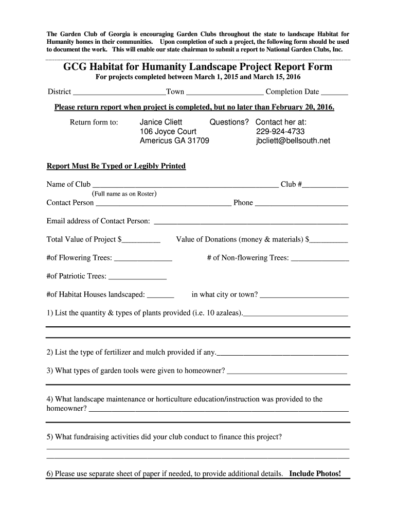 Fillable Online gardenclub uga GCG Habitat for Humanity Landscape Project Report Form Fax Email ...