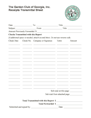 Fillable Online gardenclub uga Receipts Transmittal Sheet - Garden Club ...