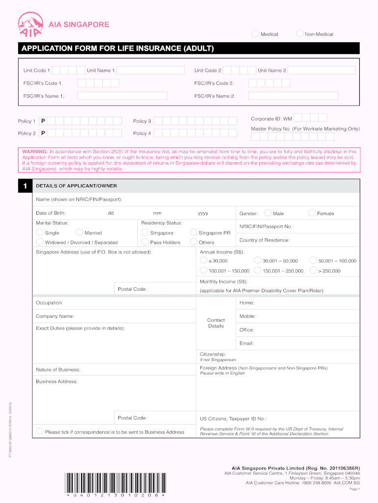 Fillable Online Application Form for Life Insurance Adult - AIA ...