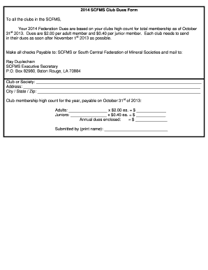 Fillable Online 2014 SCFMS Club Dues Form Fax Email Print - pdfFiller