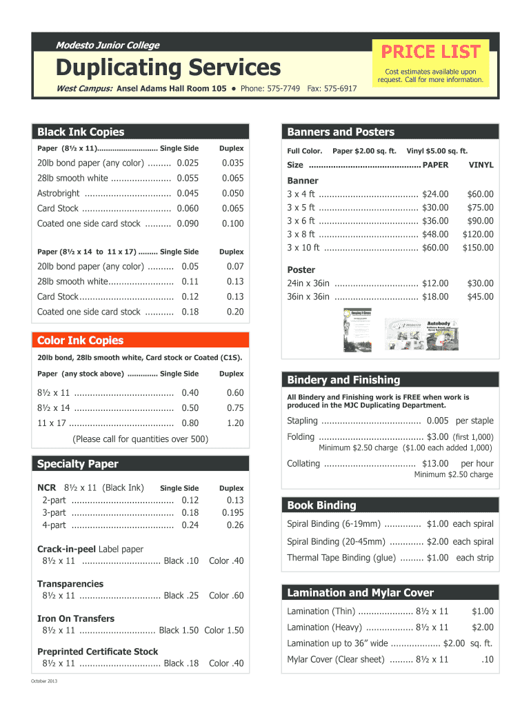 Fillable Online mjc yosemite Duplicating Price List - Modesto Junior College Fax Email Print ...
