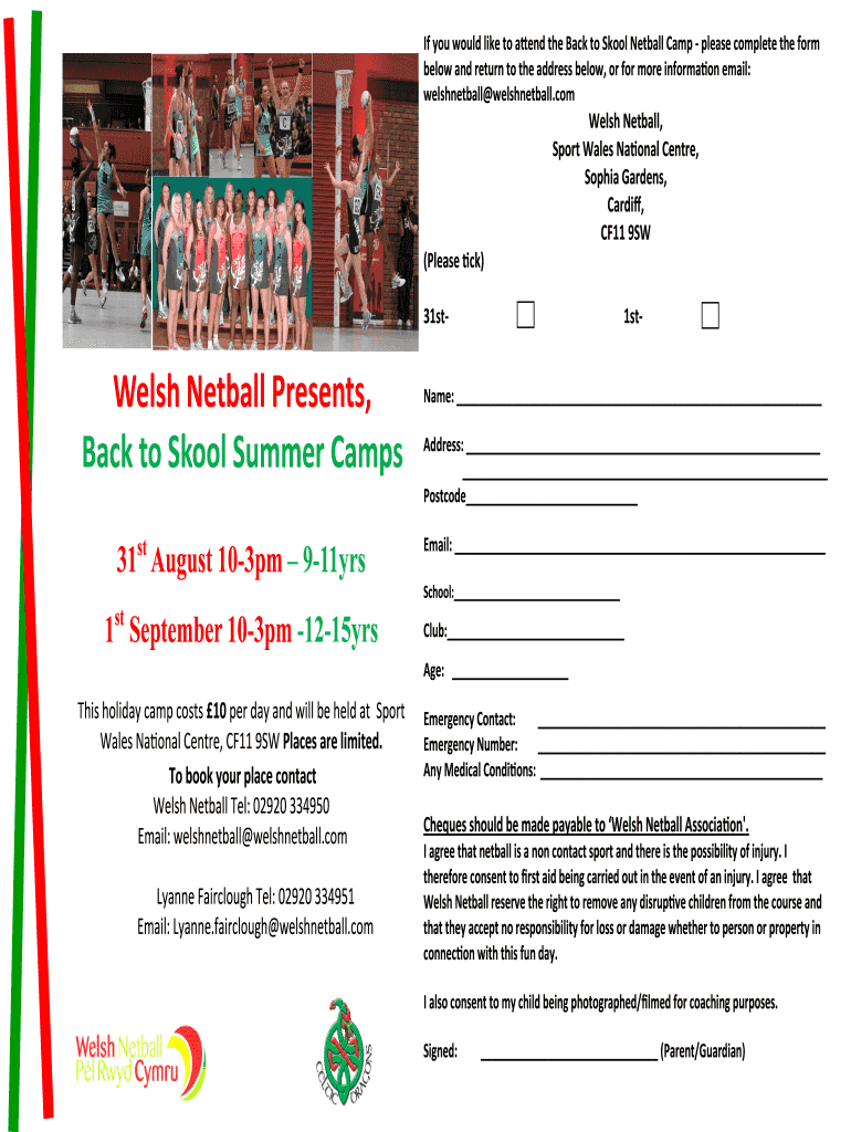 Fillable Online If you would like to attend the Back to Skool Netball ...