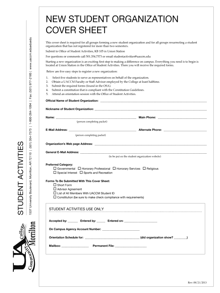 Fillable Online uaccm New StudeNt OrgaNizatiON COver Sheet - University ...