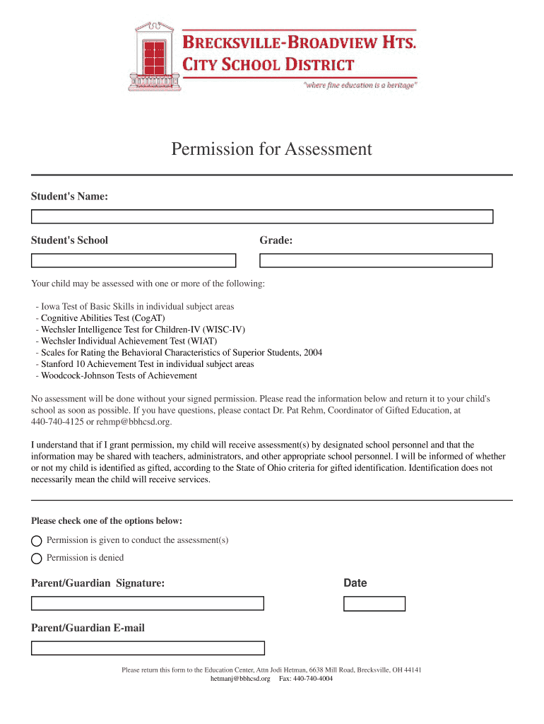 Fillable Online bbhcsd Permission for Assessment Form Fax Email Print ...