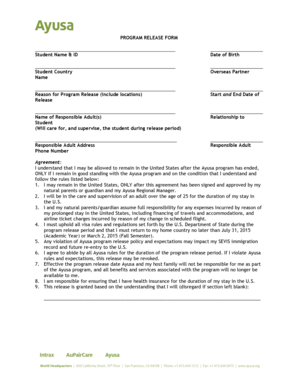 Fillable Online ayusa PROGRAM RELEASE FORM Student Name & ID Date of ...