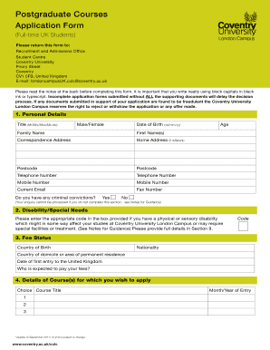 Fillable Online Application form and checklist - Coventry University ...