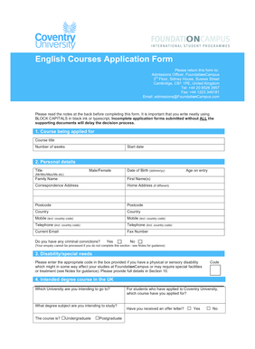 Fillable Online English Courses Application Form - Coventry University ...