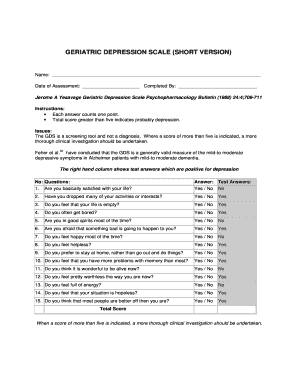 Fillable Online GERIATRIC DEPRESSION SCALE SHORT VERSION Fax Email Print - pdfFiller