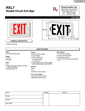Fillable Online RXL7 Double Circuit Exit Sign - Royal Pacific Fax Email ...
