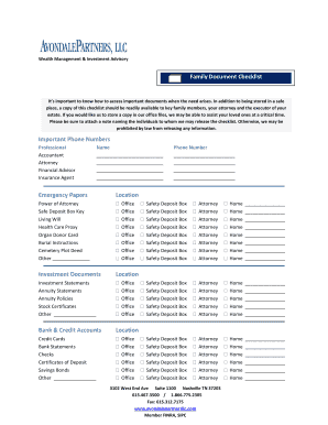 Fillable Online Family Document Checklist - Avondale Partners Fax Email ...