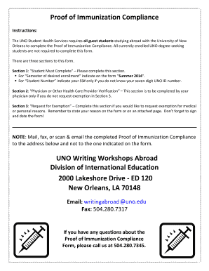 Fillable Online inst uno Proof of Immunization Compliance Form - Division of International ...