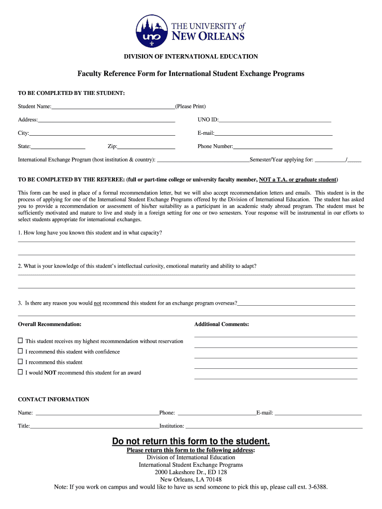 Fillable Online inst uno Faculty Reference Form for International ...