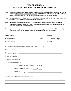 Fillable Online ci brenham tx Temporary Food Establishment Application ...