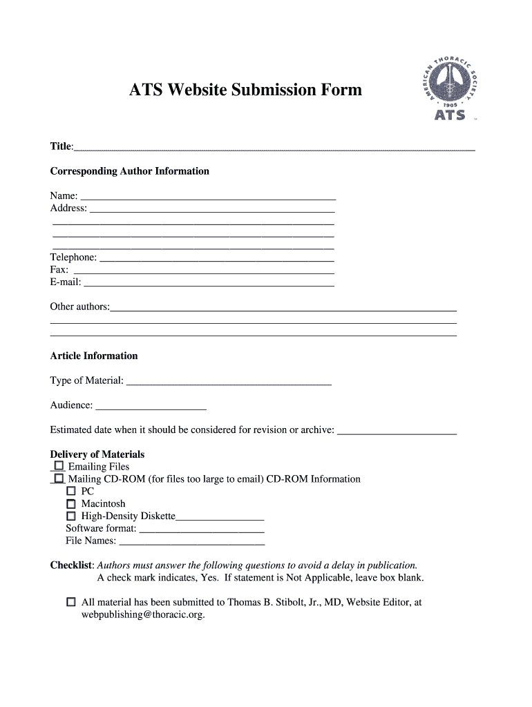 Fillable Online thoracic ATS Website Submission Form Title ...