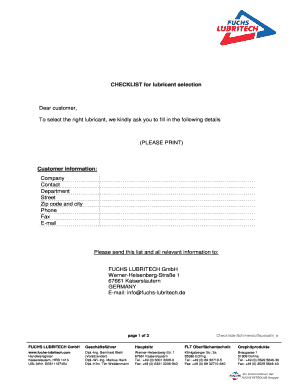 Fillable Online Checklist for lubrication selection - Fuchs Lubritech ...