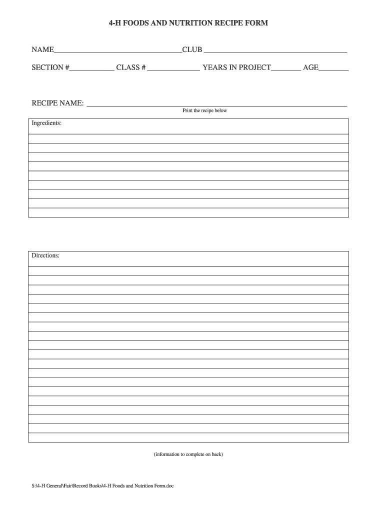 Fillable Online 4-H FOODS AND NUTRITION RECIPE FORM ... Fax Email Print ...