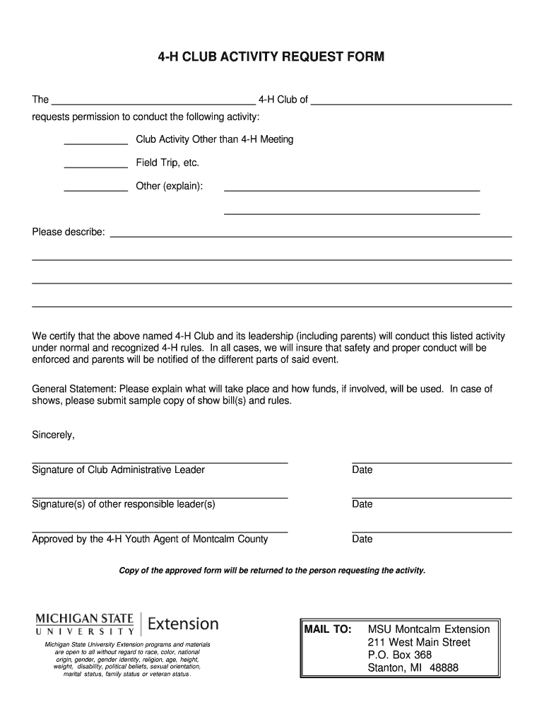Fillable Online 4-H Club Activity Request Form - Michigan State University Extension Fax Email ...