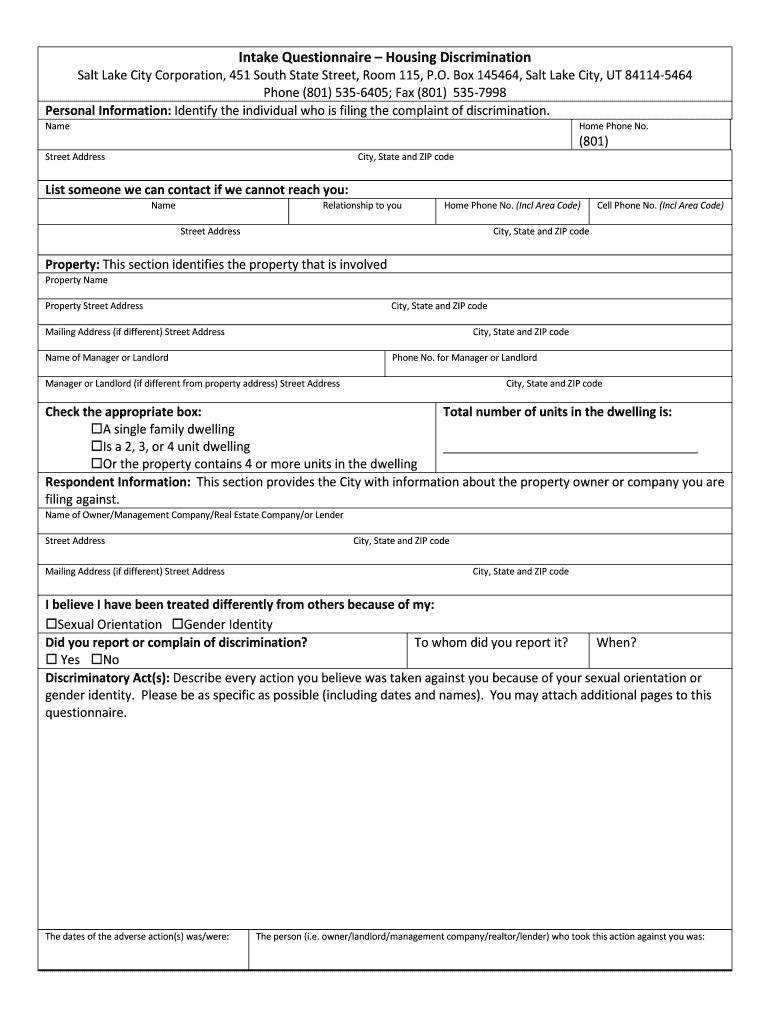 Fillable Online Intake Questionnaire - Housing Discrimination Fax Email ...