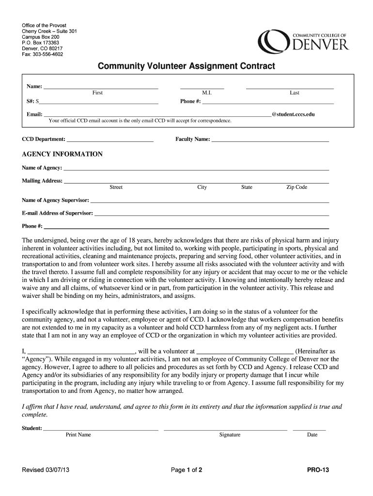 Fillable Online ccd Community Volunteer Assignment Contract (PRO-13 ...
