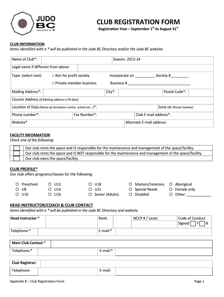 Fillable Online Club registration form - Judo BC Fax Email Print ...
