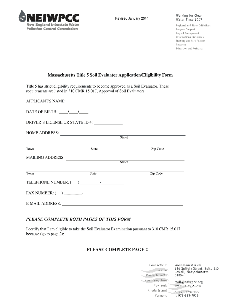 Fillable Online neiwpcc Massachusetts Title 5 Soil Evaluator ...