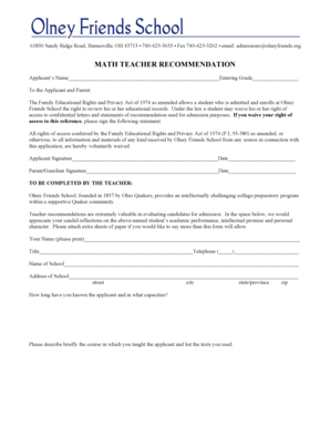 Fillable Online olneyfriends Math Teacher Recommendation Form - Olney ...