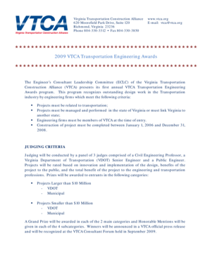 Fillable Online 2009 VTCA Transportation Engineering Awards - Virginia ...