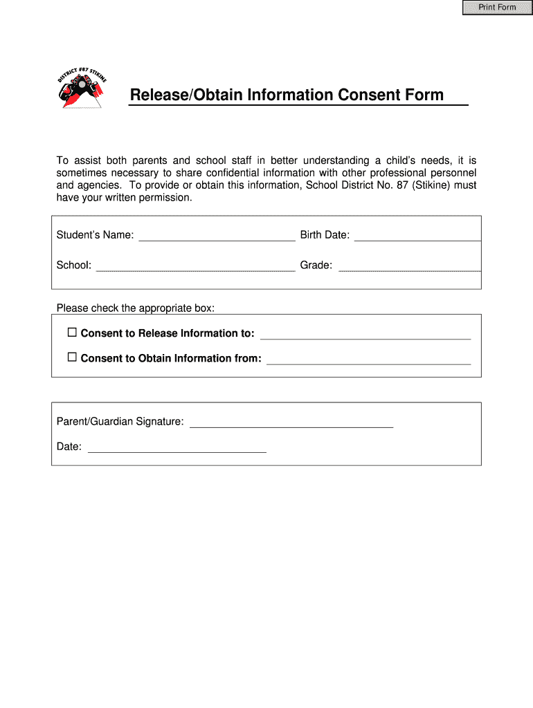 Fillable Online Release-Obtain Info Consent Form - School District 87 ...