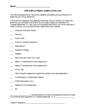 Fillable Online Preplacment Completion Checklist - Adam Scott CVI amp ...