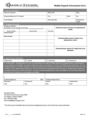 Fillable Online Mobile Deposit Information Form - the Bank of Tucson ...