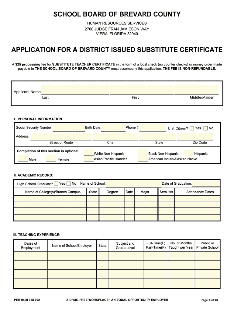 Fillable Online hrweb brevardschools Application for a District Issued ...