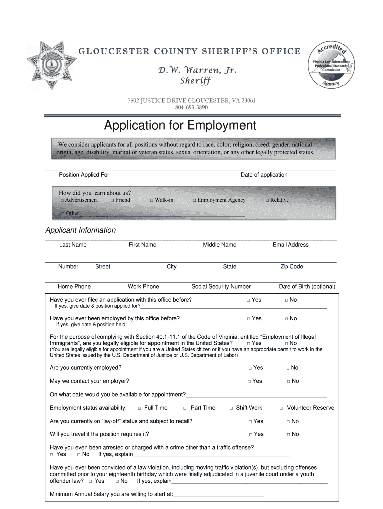 Fillable Online gloucesterva Application for Employment Education ...