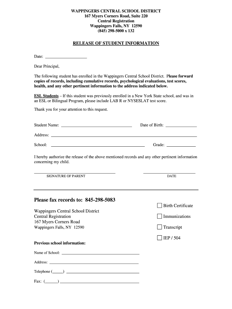 Fillable Online wappingersschools Release of Student Information ...