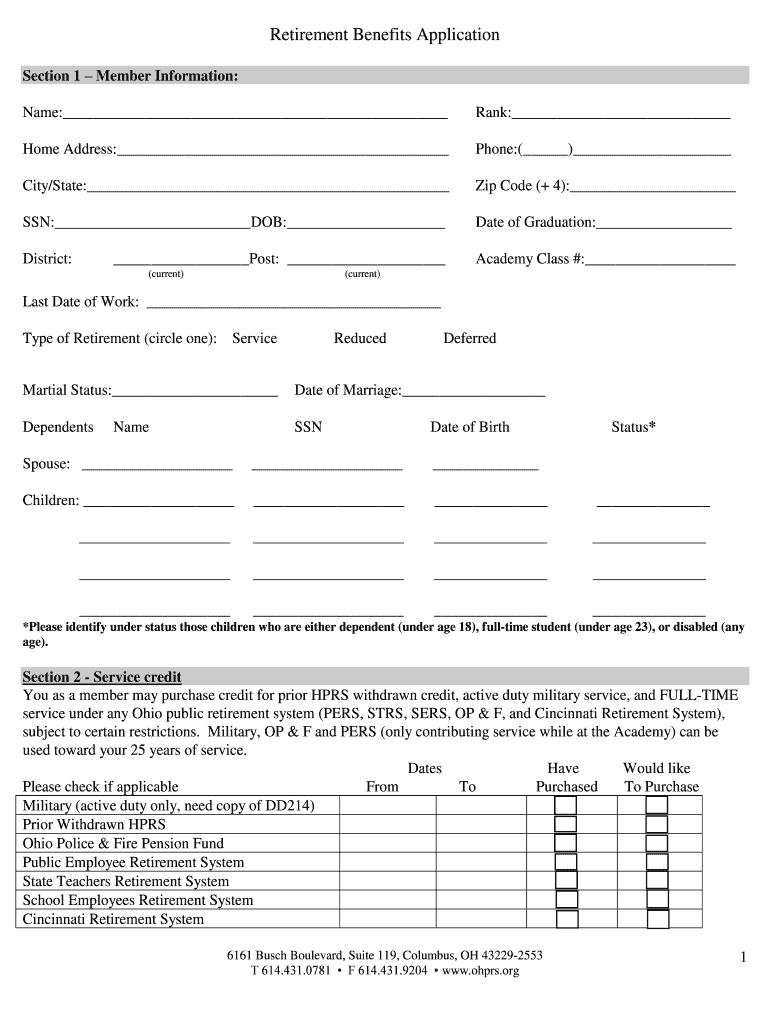 Fillable Online ohprs Retirement Benefits Application - HPRS Home ...
