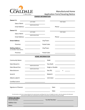 Fillable Online Manufactured Home Application Form/Vacating Notice - Coaldale Fax Email Print ...