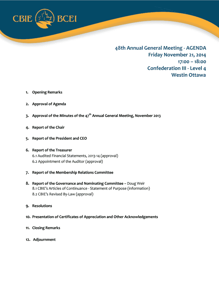 Fillable Online 48th Annual General Meeting - AGENDA Friday bb - CBIE ...
