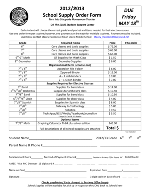 Fillable Online 2012/2013 School Supply Order Form DUE Friday MAY 18 ...