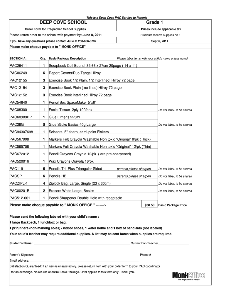 Fillable Online DEEP COVE SCHOOL Grade 1 - Deep Cove Elementary School ...