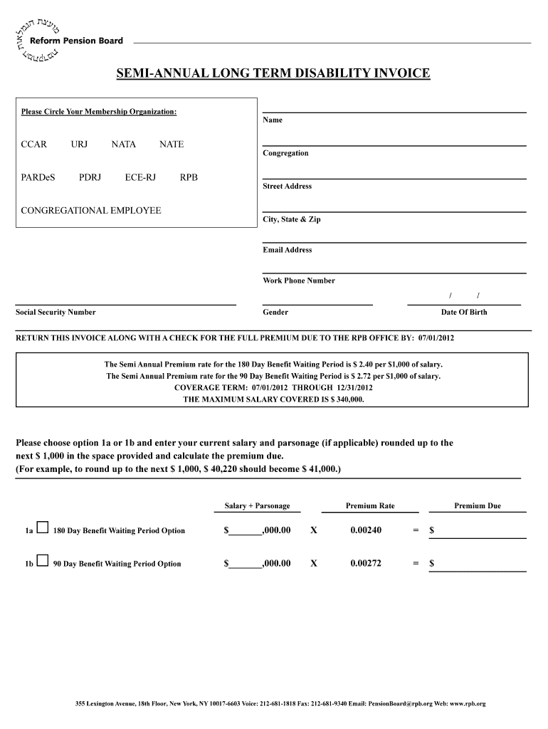 Fillable Online rpb SEMI-ANNUAL LONG TERM DISABILITY INVOICE - Rpb ...