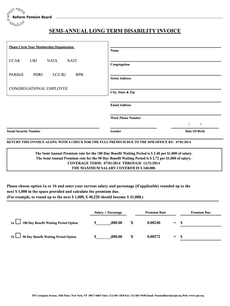 Fillable Online rpb SEMI-ANNUAL LONG TERM DISABILITY INVOICE - rpb Fax Email Print - pdfFiller