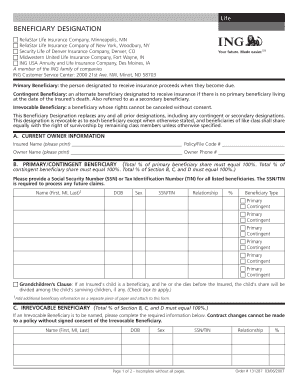 Fillable Online Life BENEFICIARY DESIGNATION ReliaStar Life Insurance ...