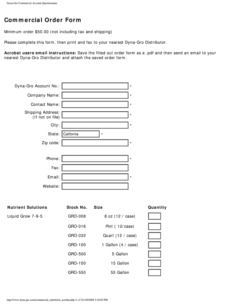 Fillable Online Dyna-Gro Commercial Account Questionnaire Fax Email ...