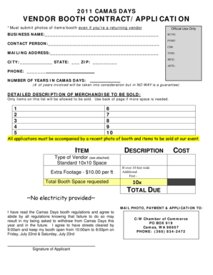 Fillable Online VENDOR BOOTH CONTRACT/APPLICATION - Camas-Washougal ... Fax Email Print - pdfFiller