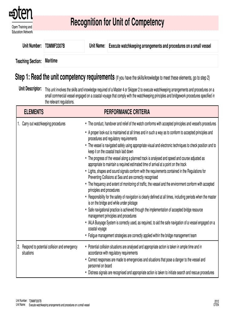 Fillable Online oten edu Execute watchkeeping arrangements and ...