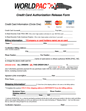 Fillable Online Credit Card Authorization Release Form - WORLDPAC Fax ...