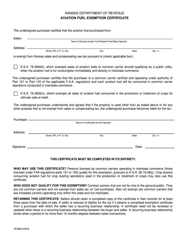 Fillable Online kdor Aviation Fuel Exemption Certificate ST-28LA ...
