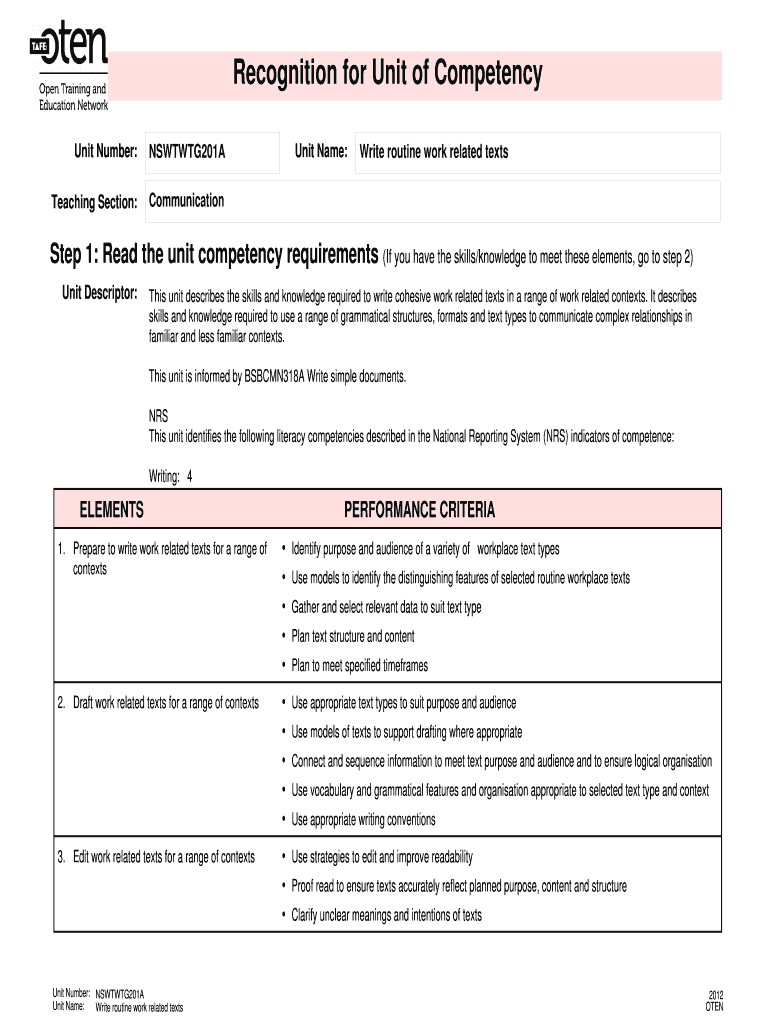 Fillable Online oten edu NSWTWTG201A - Write routine work related texts ...